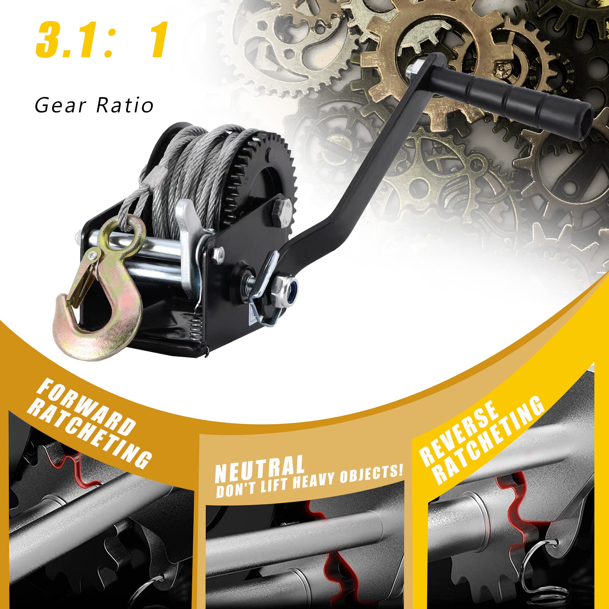 Capacity Heavy Duty Hand Winch, Hand Crank Strap Gear Winch with Steel Wire, Manual Operated Two-Way Ratchet ATV Boat Trailer Marine