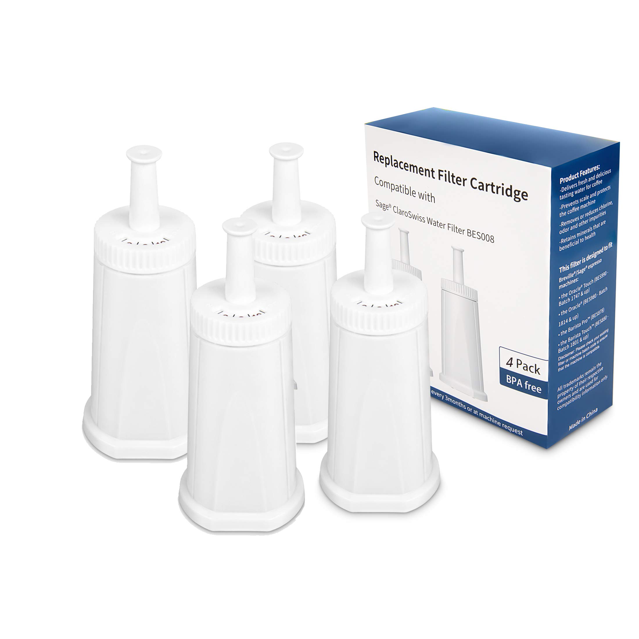 Ouxunus Filter - Replacement Water Filter Compatible with Breville Sage Claro Swiss For Oracle, Barista & Bambino - Compare to Part #BES008WHT0NUC1.(Pack of 4)