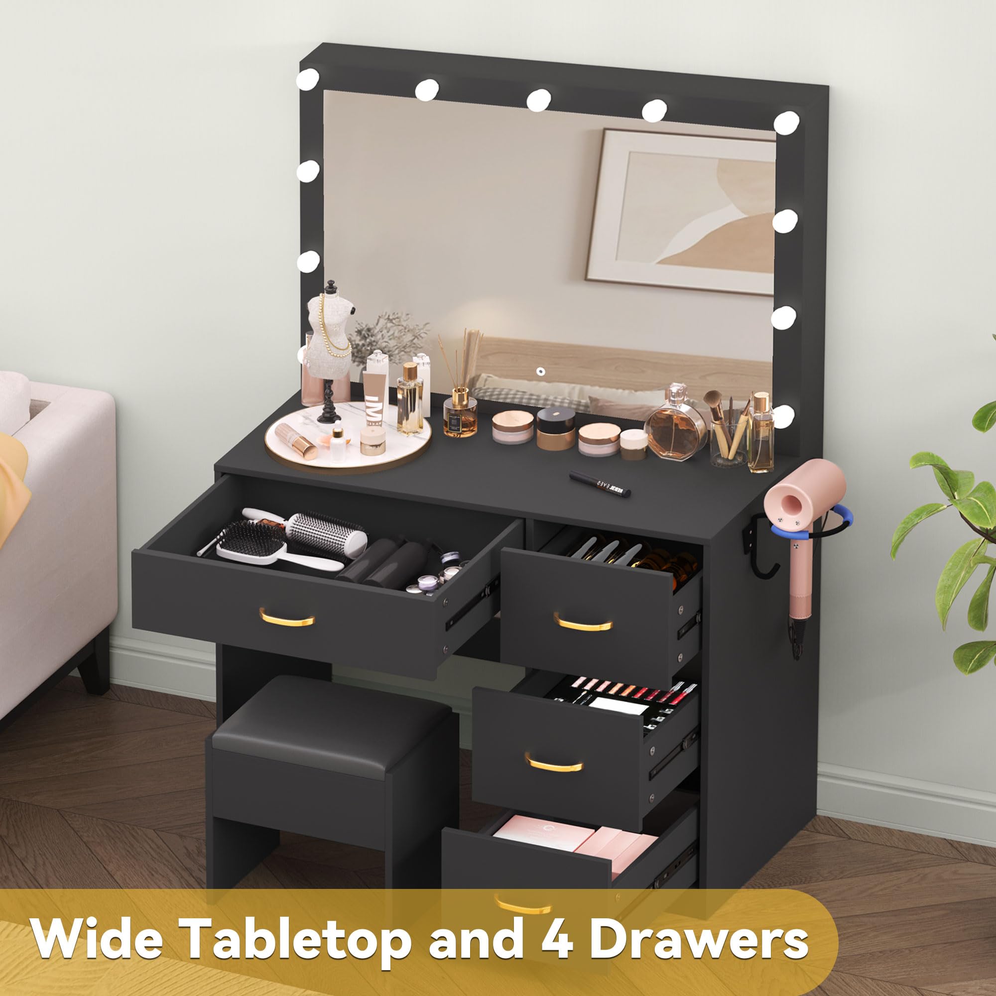 DWVO Makeup Vanity with Power Strip, Adjustable Lighting, and 4 Drawers, Vanity Table with Cushioned Stool for Bedroom, Dressing Room