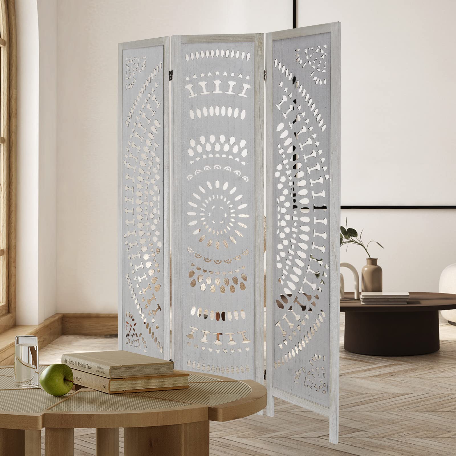 ECOMEX Carved Room Dividers,4 Panel Room Divider with Hand Carved Vintage Style Room Dividers and Folding Privacy Screens,Retro Flower Pattern, Brown