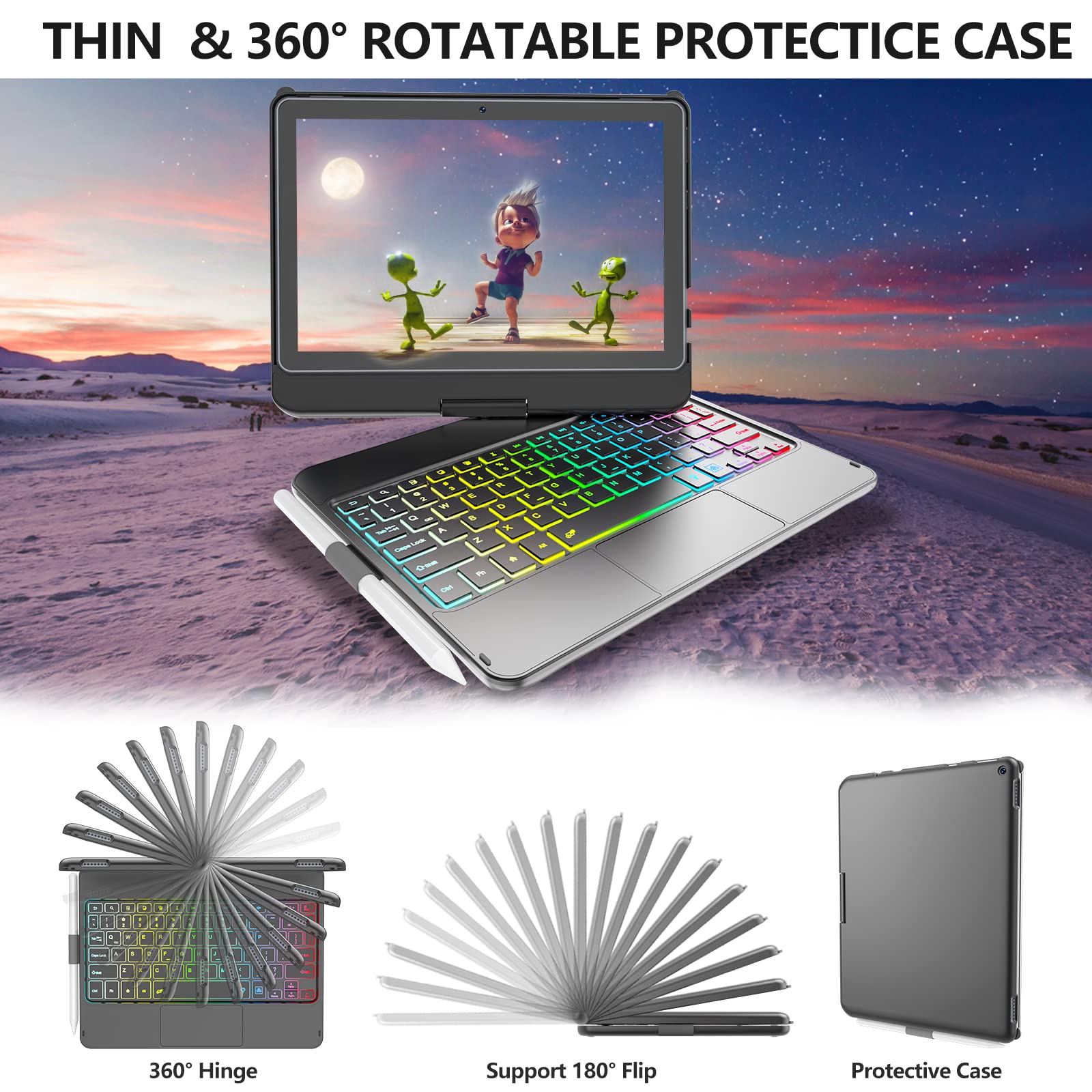 COO Keyboard Case for All-New Fire HD 10/ 10 Plus Tablet (11th Generation 2021 Release) 10.1", 360° Rotatable-7 Colors Backlit Touchpad Keyboard with Pencil Holder for Fire HD 10 Tablet