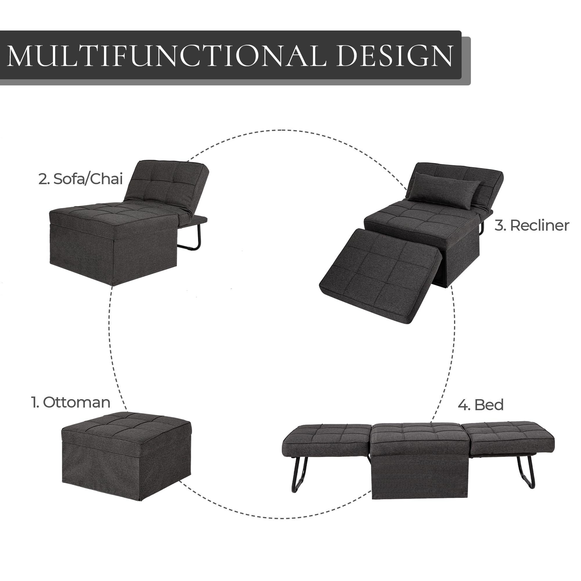 FHFO 4 in 1 Ottoman Bed Sleeper Chair Bed Folding Ottoman to Bed Chairs Breathable Linen Sofa Bed with Adjustable Backrest Pillow for Living Room Apartment Office, 28β Width, Dark Grey