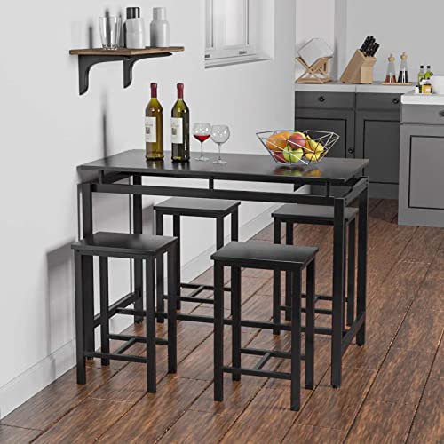 LinkRomat Dining Room Table Set, Bar Dining Table Set for 4, Industrial Kitchen Table with 4 Square Stools, 5 Piece Height Pub Dinner Table Set for 4, Bistro Table and Chairs for Small Spaces, Black