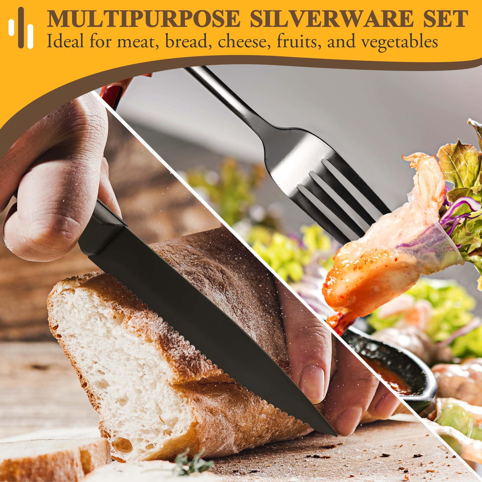 Black Silverware Set, 24PCS Black Flatware Set for 4 with Steak Knives, Stainless Steel Tableware Cutlery Set Kitchen Eating Utensils Include Fork Knife Spoon for Home Restaurant