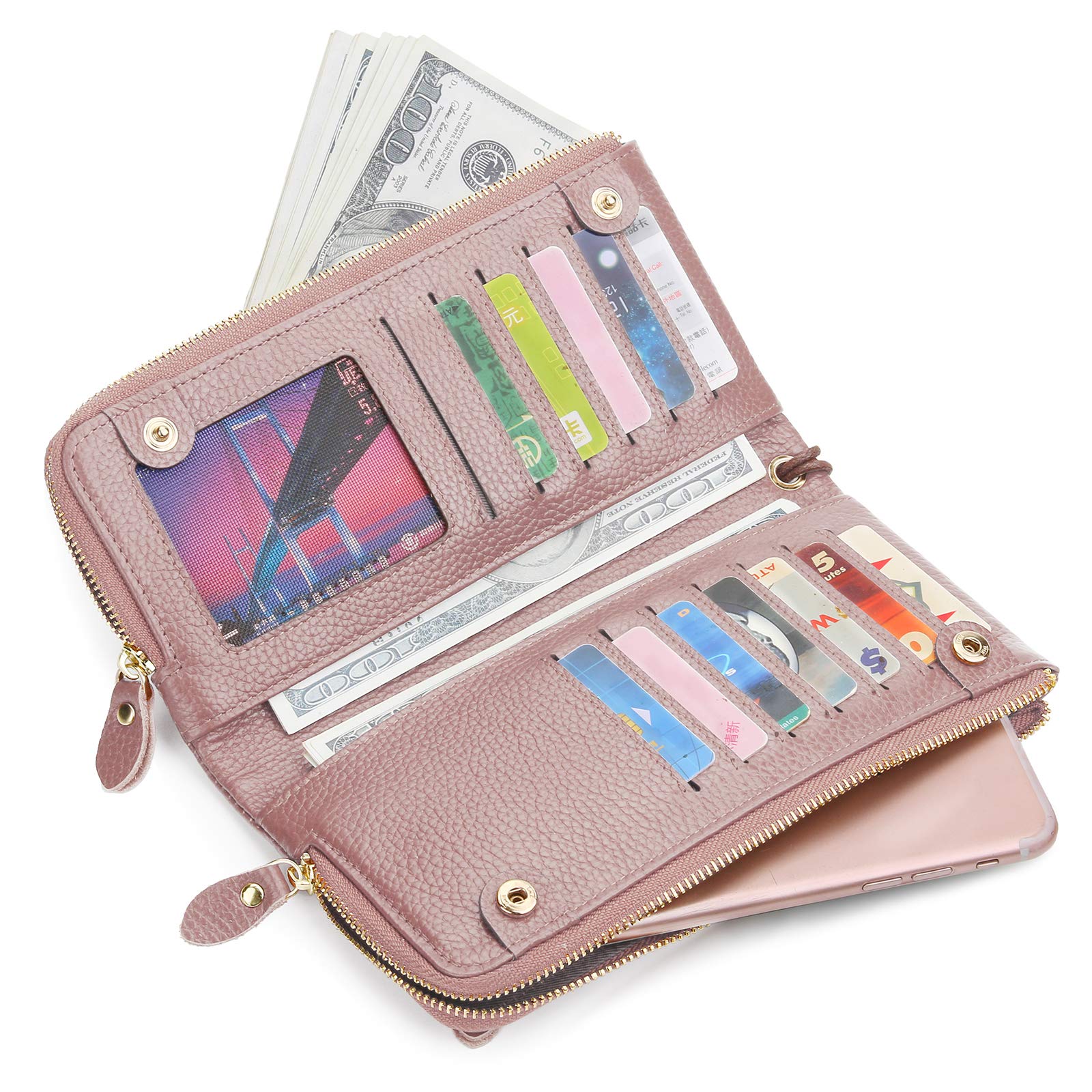 YALUXE Women's Genuien Leather Wristlet Wallets with Multi Card Slots Double Zipper Pocket