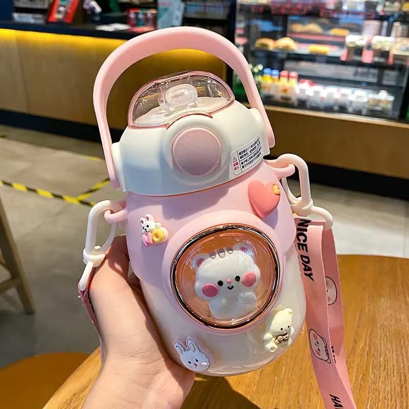 LEJN Kawaii Water Bottle with Adjustable Shoulder Strap Portable Leakproof BPA-free Cartoon Children Cup Capsule Bottle Traveling Hiking (Pink820ml)