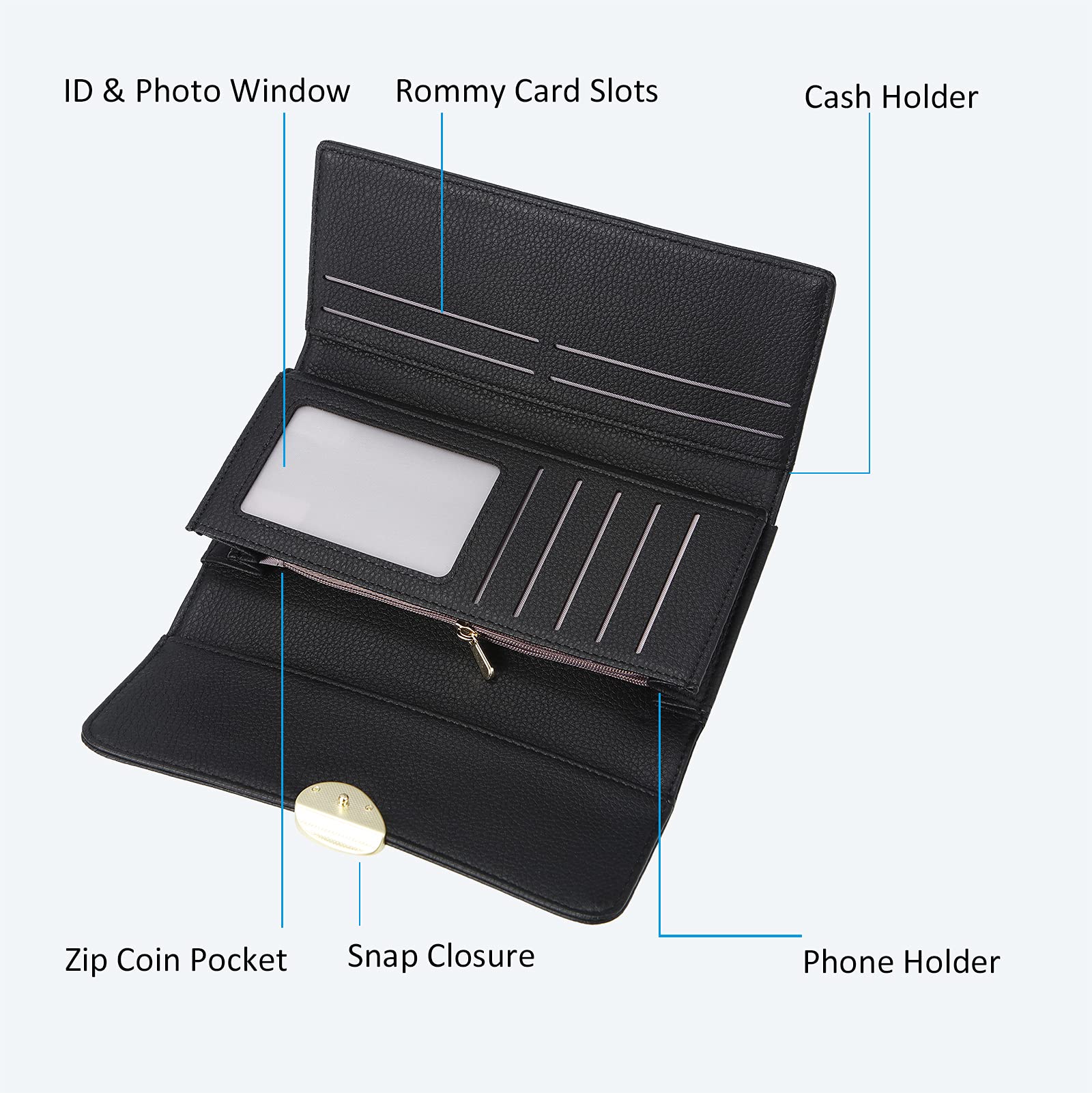 OYATON Clutch Wallets for Women, Soft Faux Leather Women Wallet with Phone Holder Zip Coin Pocket and Cute Leaf Shaped Snap Closure (Black)