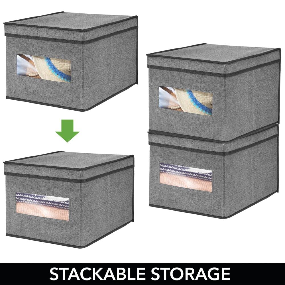mDesign Large Fabric Stackable Closet Organizer Box with Clear Window/Lid for Bedroom, Office, Bathroom, Mudroom Organization - Shoe, Sweater, Clothes Storage, Lido Collection, 2 Pack, Dark Gray/Black