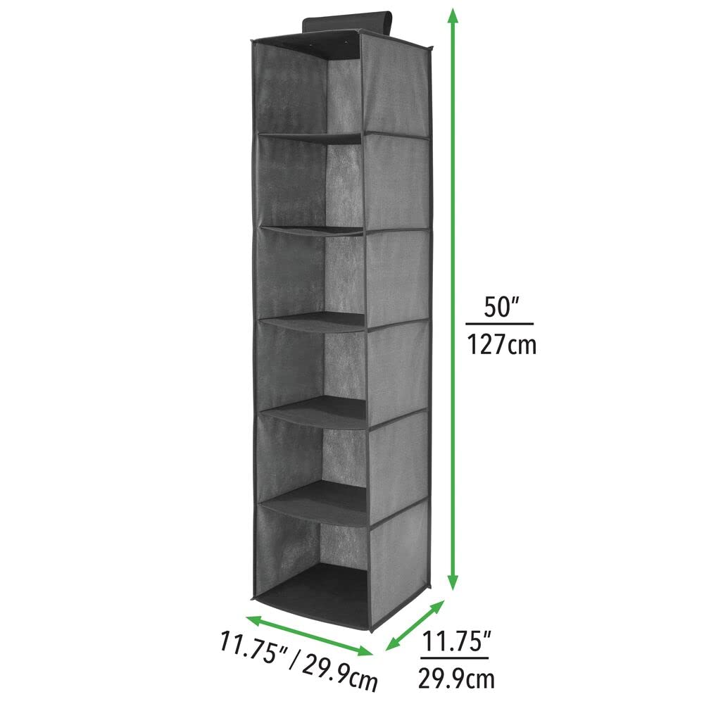 mDesign Long Soft Fabric Over Closet Rod Hanging Storage Organizer with 6 Shelves for Clothes, Leggings, Lingerie, T Shirts - Textured Print with Solid Trim - 2 Pack - Charcoal Gray/Black