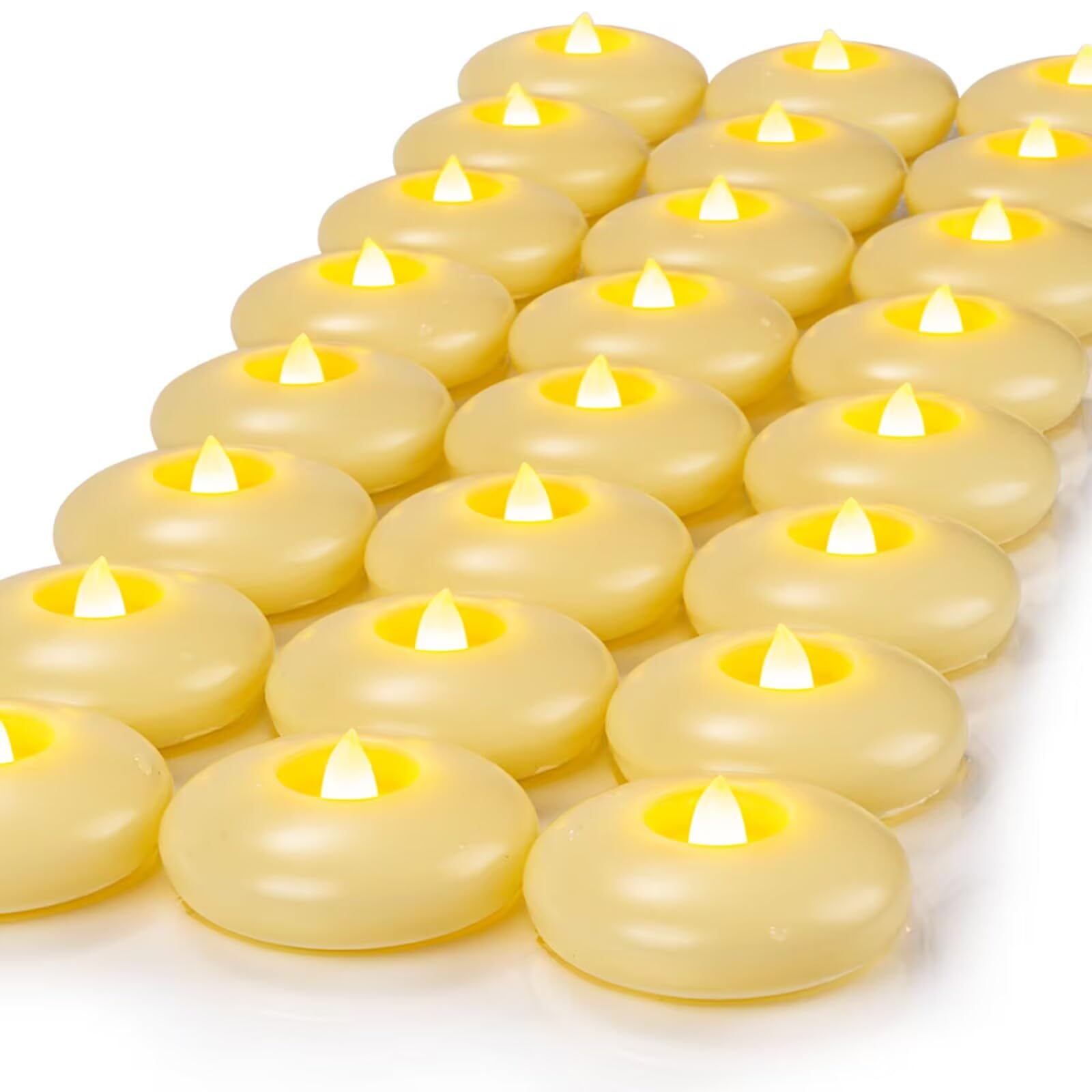 Homemory 24 Pack 3โ Flameless Led Floating Candles, 200 Hour Battery Operated Flickering Waterproof Tealights for Cylinder Vases, Centerpieces at Wedding, Party, Pool, Holiday (Ivory Base)