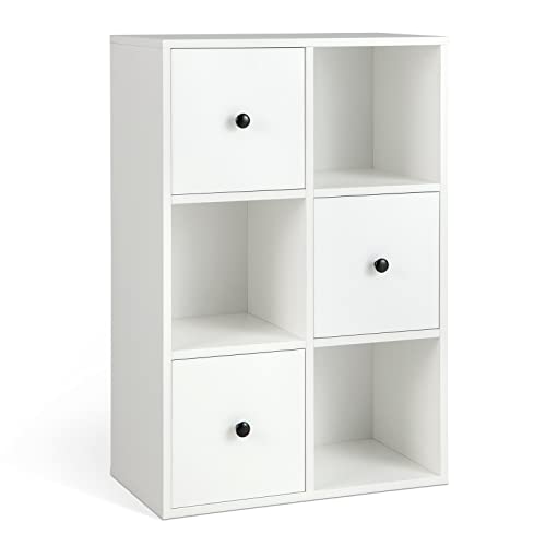 IFANNY 6 Cube Bookcase, 3 Tier Bookshelf with Drawers, Wood Storage Shelves, Modern Display Shelf, Cubical Book Cases, Small Book Shelf for Bedroom, Living Room, Home Office (White)
