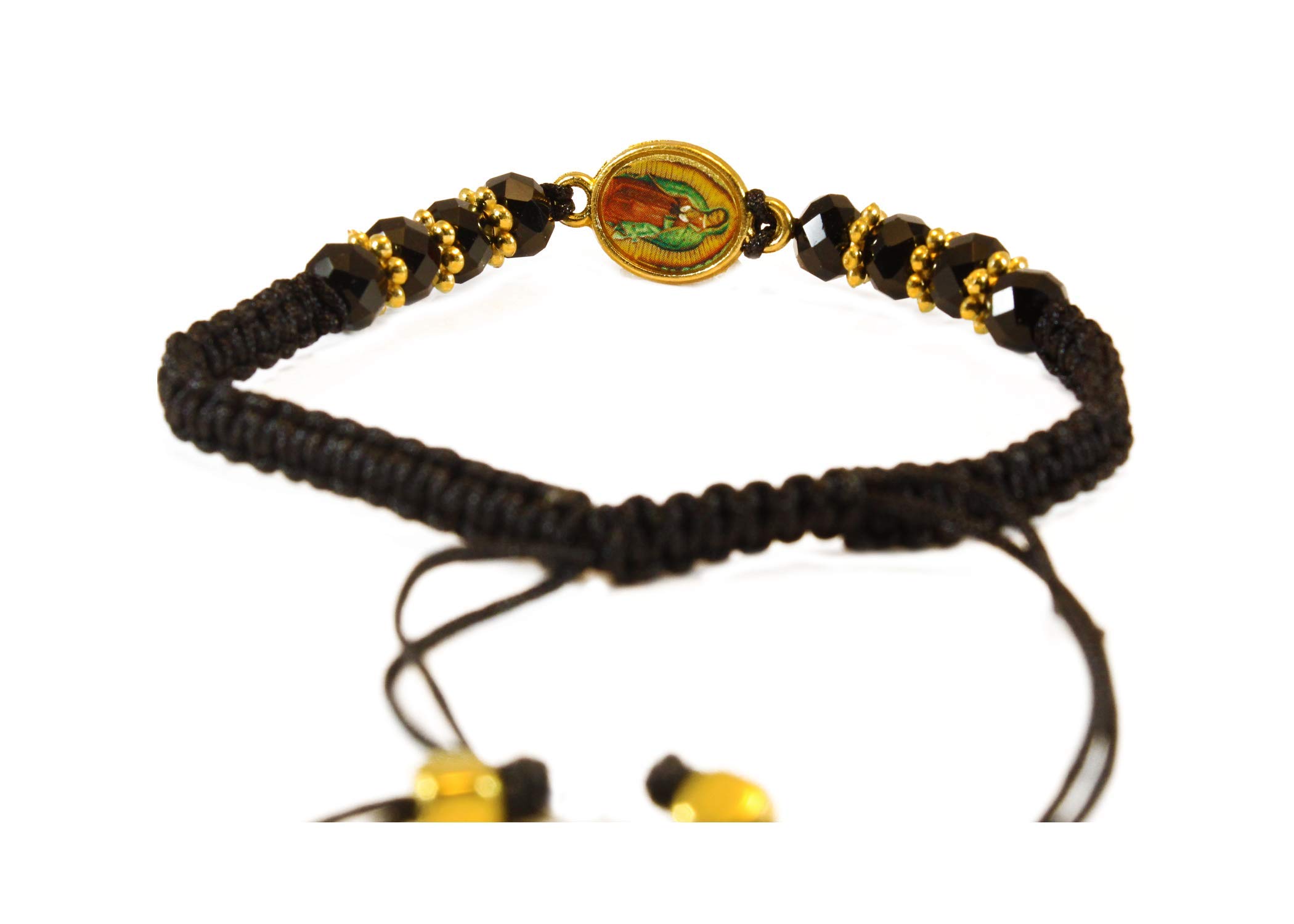 Black String Virgin Mary Black Bead with Golden-Inlay Adjustable Bracelet Protection Prosperity Good Luck Pulsera De La Virgen Maria Color Negro Proteccion Prosperidad Buena Suerte (Black Bead)
