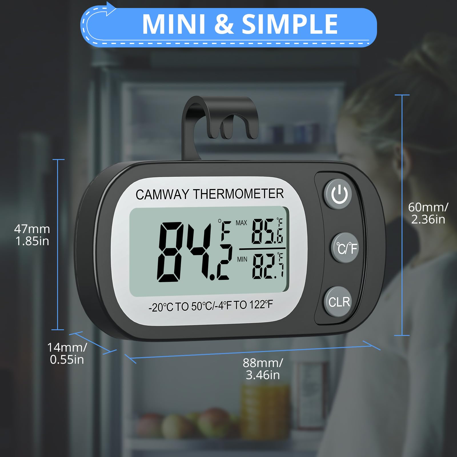 CAMWAY Refrigerator Fridge Thermometer Waterproof Digital Freezer Room Thermometer(-4°F to 122°F) Max/Min Record Function Large LCD Display Fridge and Freezer Thermometers(Black-4Pack)