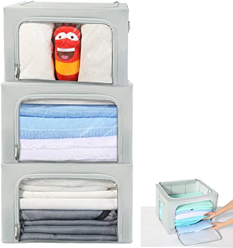 HOUSE AGAIN 3Pcs Clothes Storage Bins, Stackable Shelf Bags/Boxes, Closet Organizers and Storage, Metal Frame Clear Front and Durable Zipper, Bedding, Blankets, Grey(36L)
