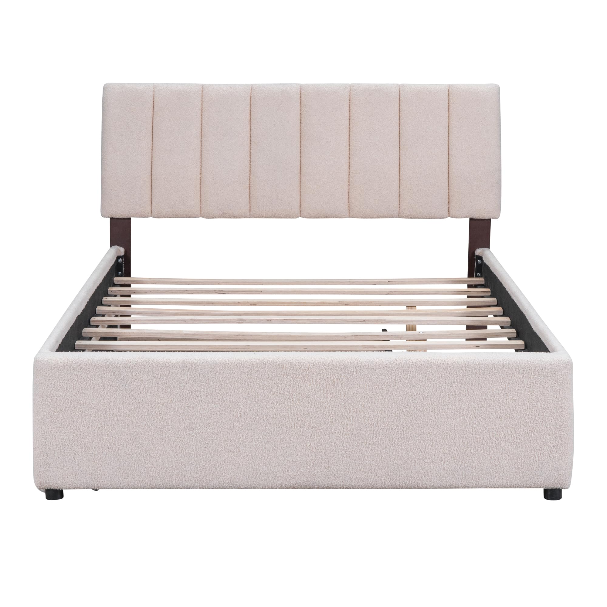 Brisca Full Size Teddy Fleece Upholstered Platform Bed with Trundle and LED,Bed Frame W/Stripe Designed Headboard,for Bedroom,Apartment,Guest Room,Beige