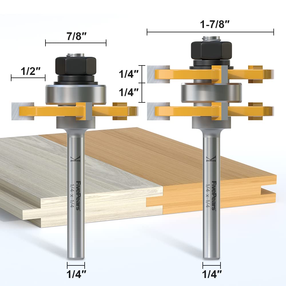 FivePears 2 Pieces of Tongue and Groove Router Bits Set with 1/4" Shank,3 Teeth T Shape Wood Milling Cutter Woodworking Tool