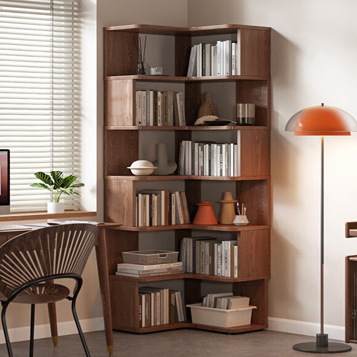 DDJ 6-Tier Solid Wood Corner Bookshelf, 75.2" Tall Corner Bookcase, Bookshelf Organizer, Freestanding Open Corner Display Shelf Storage Rack for Living Room, Bedroom, Home Office, Walnut