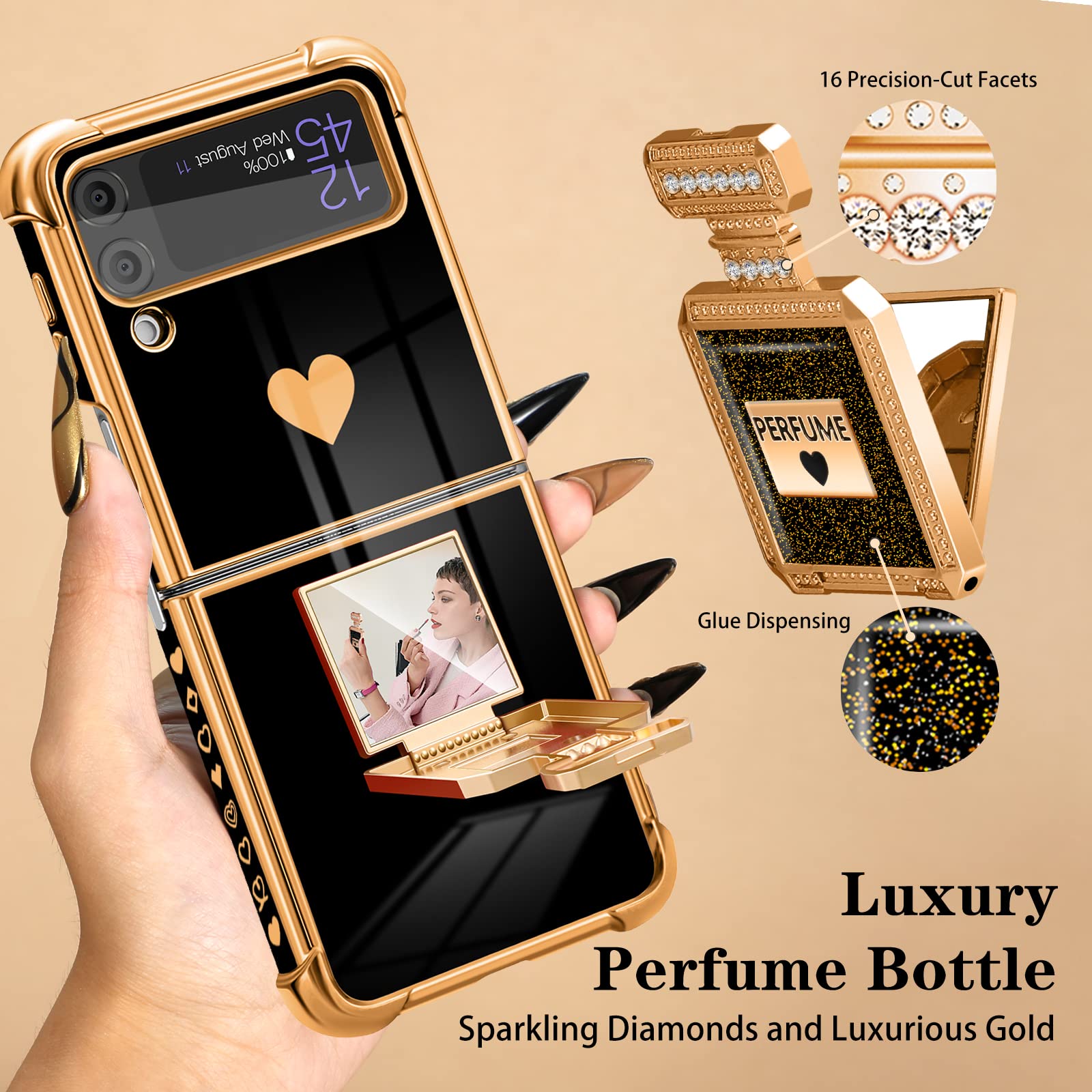 Buleens Luxury Z Flip 4 Case - Heart Metal Perfume Bottle Stand, Mirror, 6.7" Black Phone Cover
