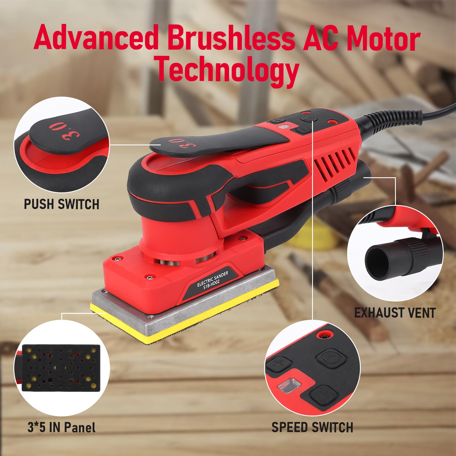 PioneerWorks Sheet Sander with 12 Sanding Paper, 350W Brushless Motor Finishing Sander, Powerful & Low Vibration, 10000 RPM, For Wood working, Polishing,Carpentry