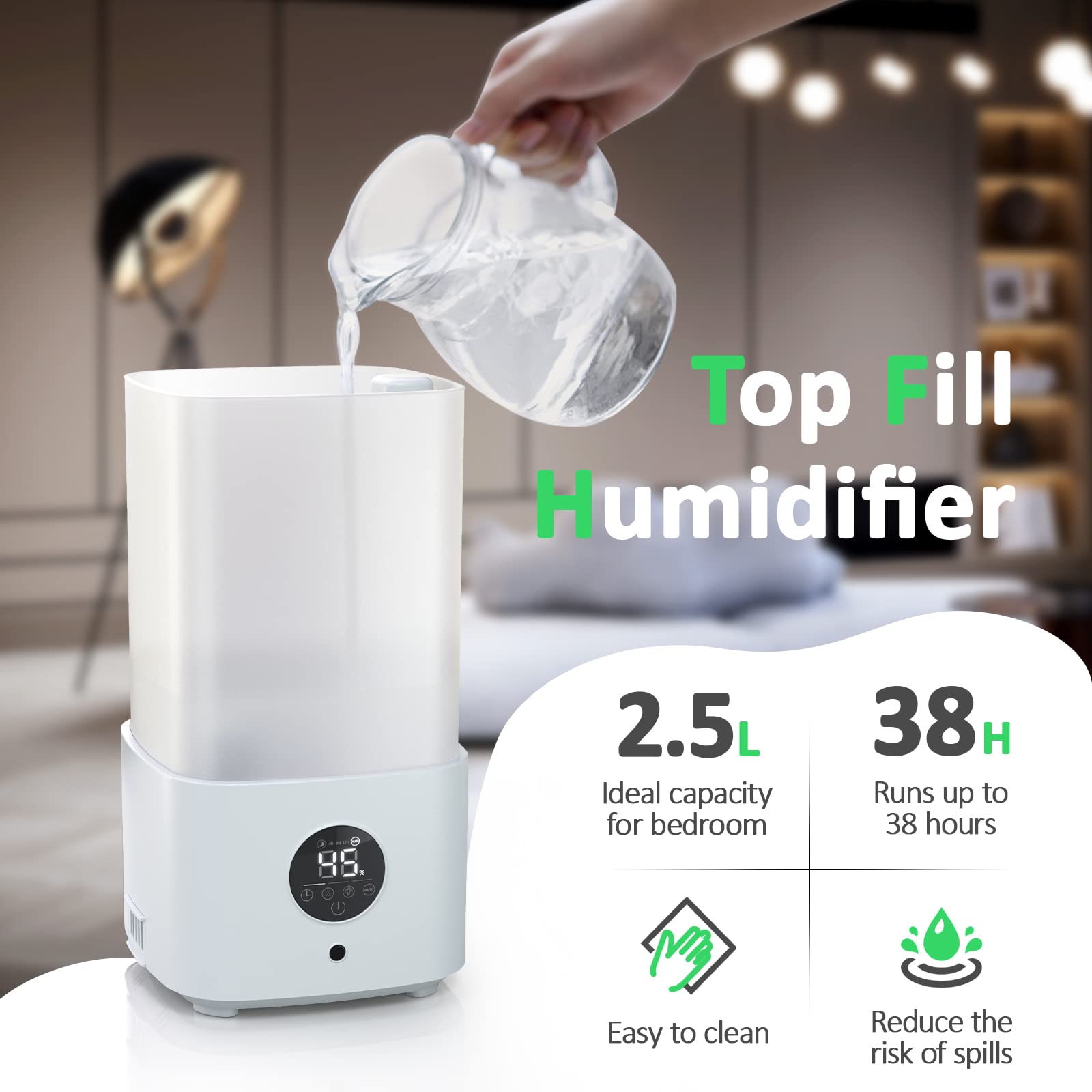 Cool Mist Humidifier Diffuser-2.5L Auto Humidity Top Fill Humidifier for Bedroom/Office/Baby/Yoga/Pets/Plants with Night Light, 3 Level Mist, 360° Nozzle, Auto Shut-Off, 12-38 Run Time, Super Quiet