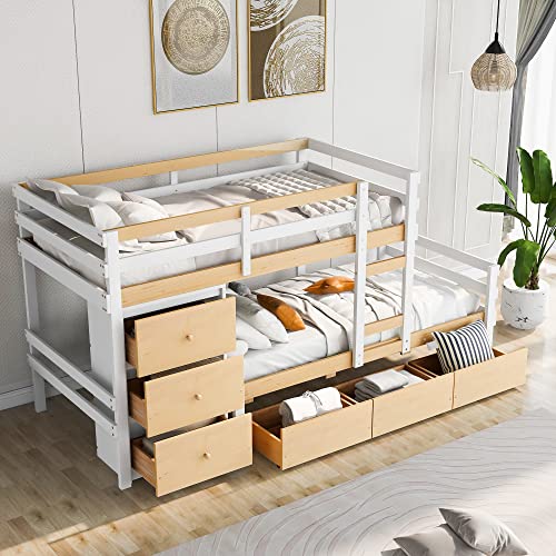 Brisca Twin Over Twin Loft Bunk Bed with 6 Storage Drawers and Ladder,Bed Frame W/Neutral Finish & Simple Design,for Apartment,Bedroom,Guest Room,Natural