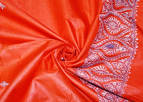 Peegli Vintage Orange Saree 100% Pure Silk Cloth Indian Embroidered Sari DIY Craft Fabric