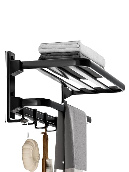 New Multi-Hook Double Folding Three-Piece Set, 60cm Bathroom Space Aluminum Double Folding Bath Towel Rack, Upgraded Hollow Double Tripod, 60cm Thick Flat Tube Double Towel Rod