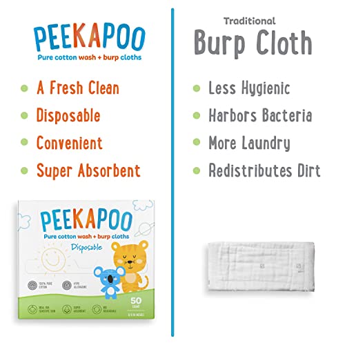 Peekapoo - 50 Pack, 100% Cotton Baby Burp Cloths + Wash Cloths | Biodegradable + Disposable | Soft, Thick, Baby Washcloths, Unscented, Hypoallergenic Burping Cloth, Clean Towels XL, Sensitive Skin