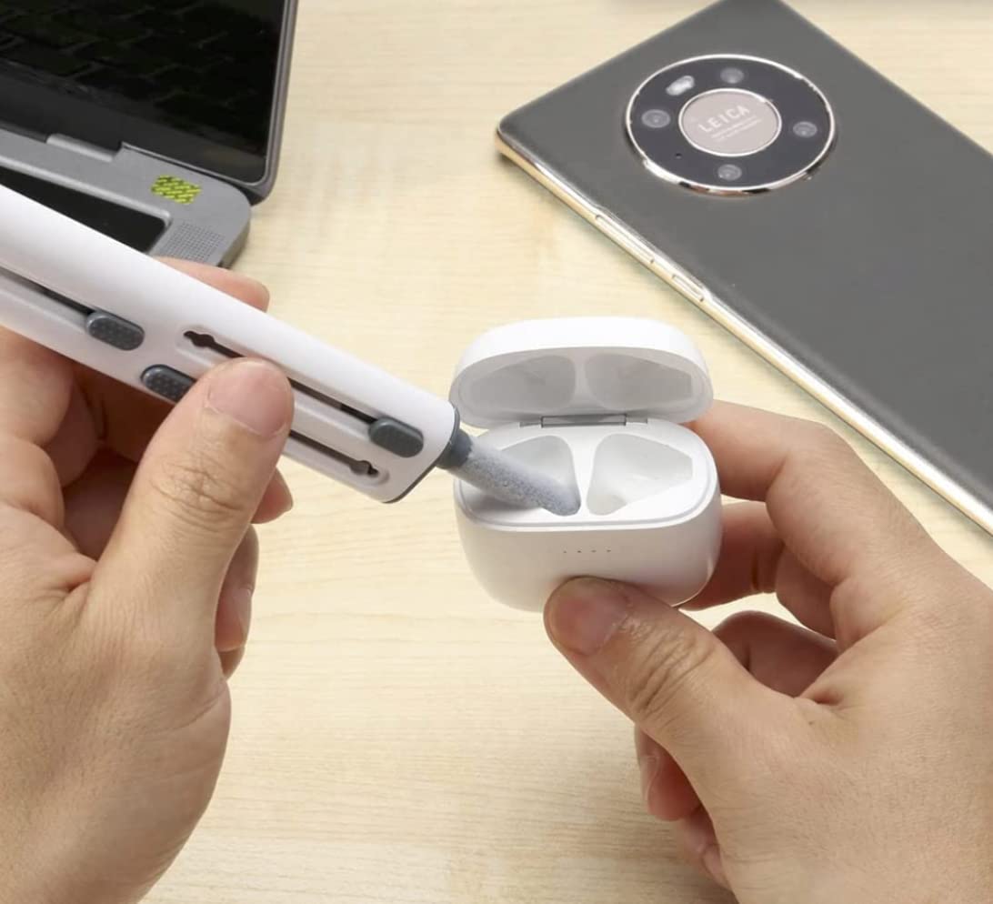 Cleaner Kit for Airpods 4 in 1 Multi-Function Airpods Cleaning kit with Soft Brush Keyboard Cleaner Flocking Sponge for Bluetooth Earphones Cleaning Pen for Mobile Phone Headphones (White and Gray)