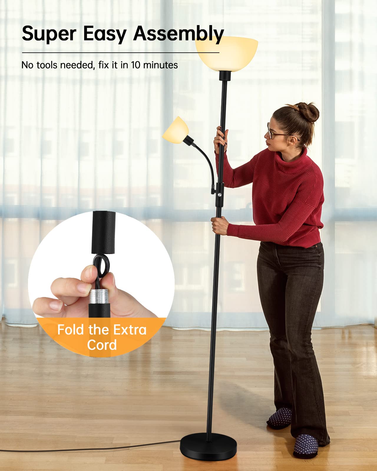 BoostArea Floor Lamps for Living Room, Modern Floor Lamp with Reading Lamp(12W, 4W), Bright Standing Lamp with Bulbs, 70.5" Tall, White Plastic Lampshades,3-Way Rotary Switch, Simple Pole Lamps, Black