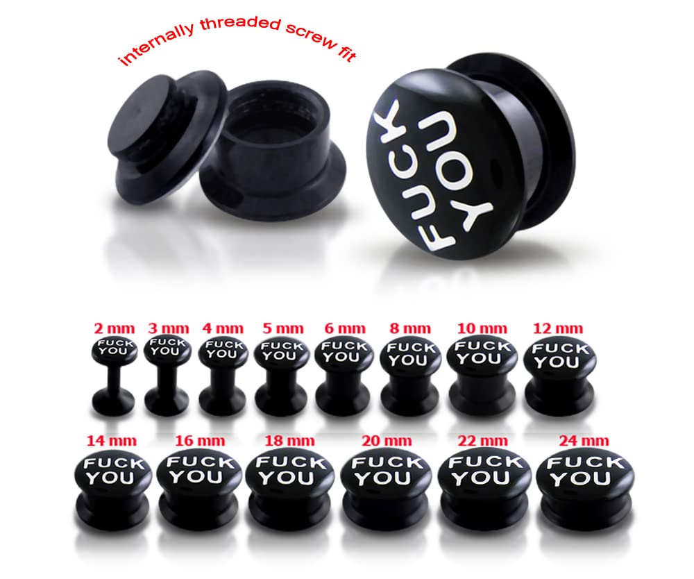 AtoZ Piercing 00 Gauge - 10MM Word Logo Picture on Black UV Acrylic Internally Threaded Double Flared Ear Plug - Sold by Piece