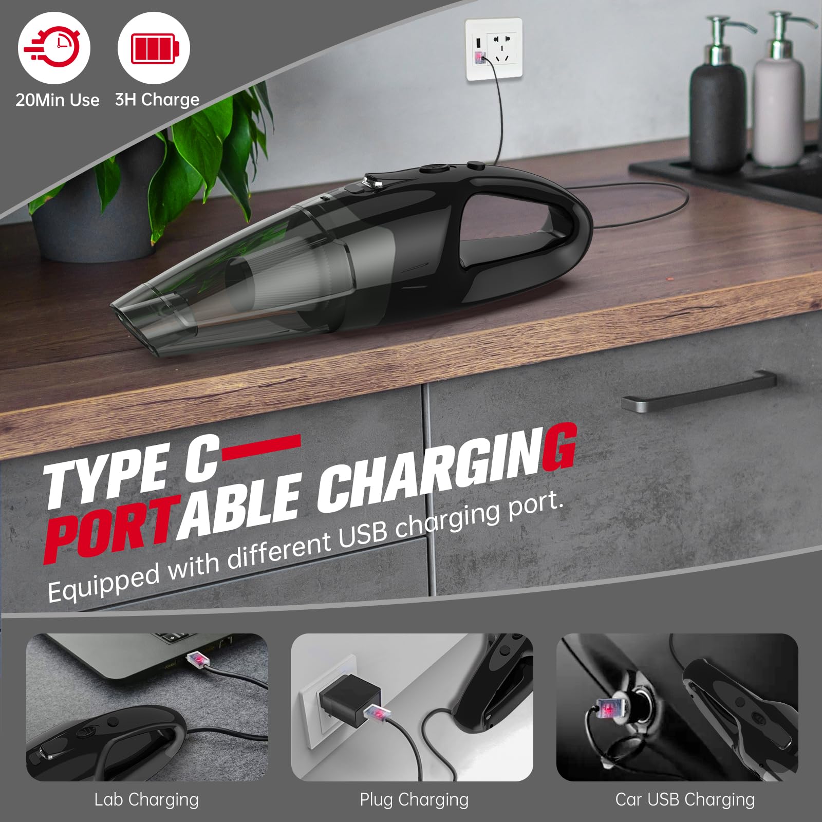 BSRCO Handheld Vacuum Cordless Rechargeable with LED, Lightweight Hand Vacuums Dust Busters Cordless Rechargeable, Hand Vacuum for Car/Home/Pet