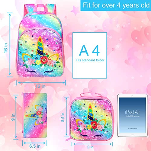 CCJPX 3PCS Unicorn Backpack for Girls, 16โ Kids Sequin Bookbag and Lunch Box for Kindergarten Elementary