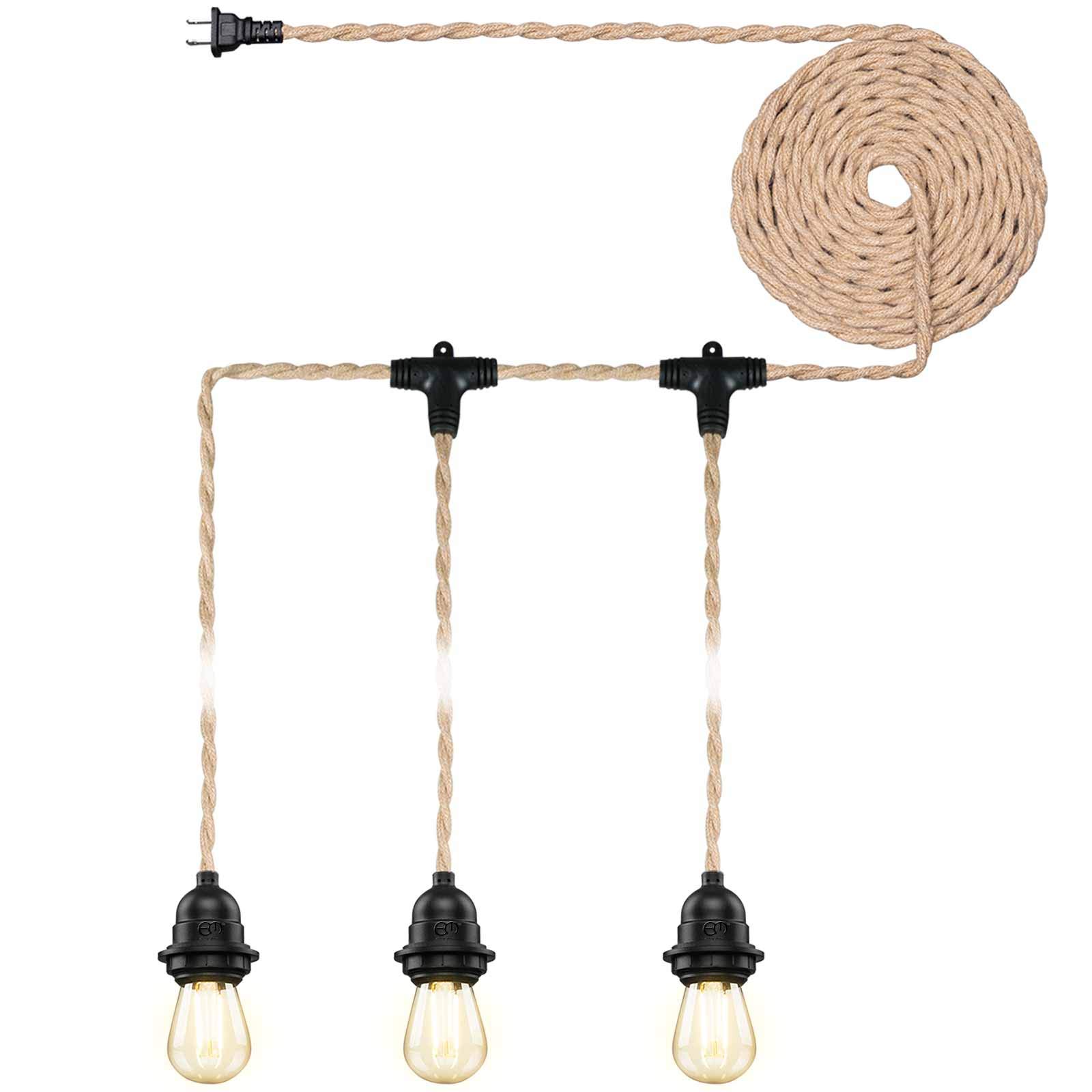 Industrial Triple Ceiling Pendant Light,Vintage Weatherproof Hanging Light Kit Fixture with Plug in Hemp Rope Cord,DIY Outdoor Fireproof Chandelier for garden, backyard,Living Room (UL Listed,E26)