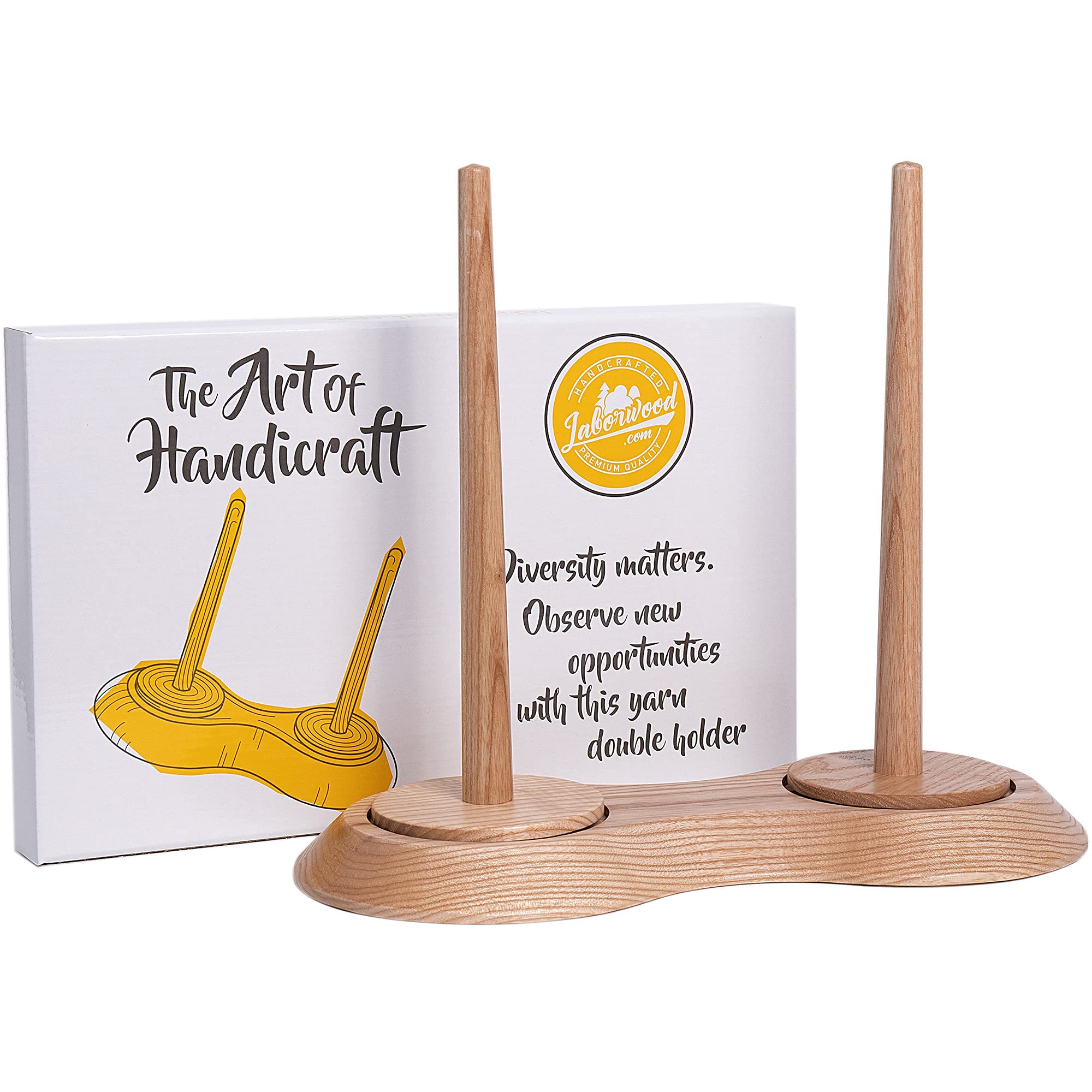 LABORWOOD Wooden Yarn Double Holder 6x13x11 with 2 Spindles Knit Smooth Twirling Mechanism Spinning Winder Separator Stable Storage Dispenser for Crochet Knitting Gift Accessories Chrocheting(Apricot)