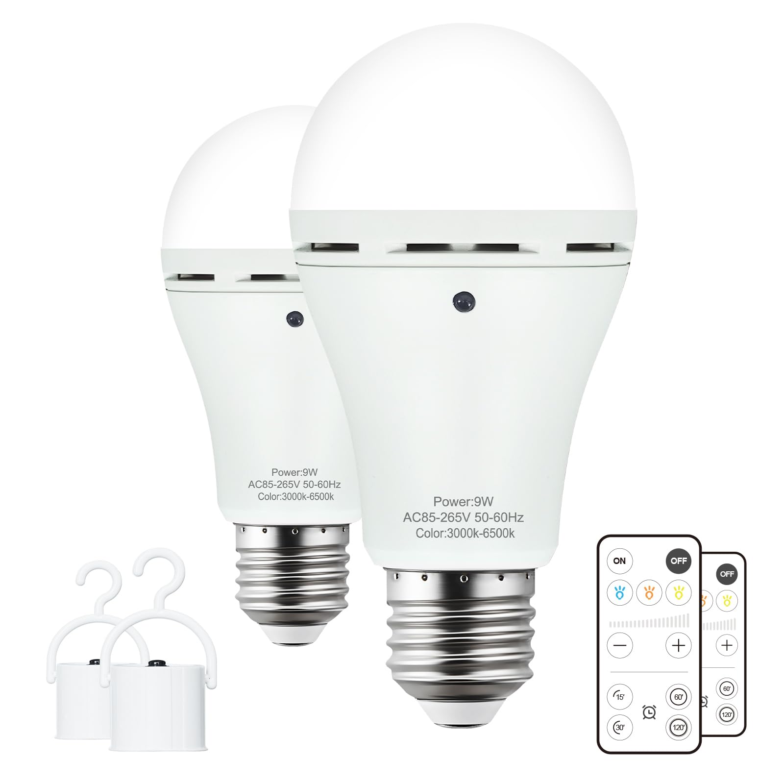 DEBAOBULB 2 Pack Omni Rechargeable Light Bulbs, Battery Powered Emergency LED Light Bulb 3 Color Shift Dimmable 120 Volt 9W 1500mAh for Power Outage Blackout Camping Hurricane