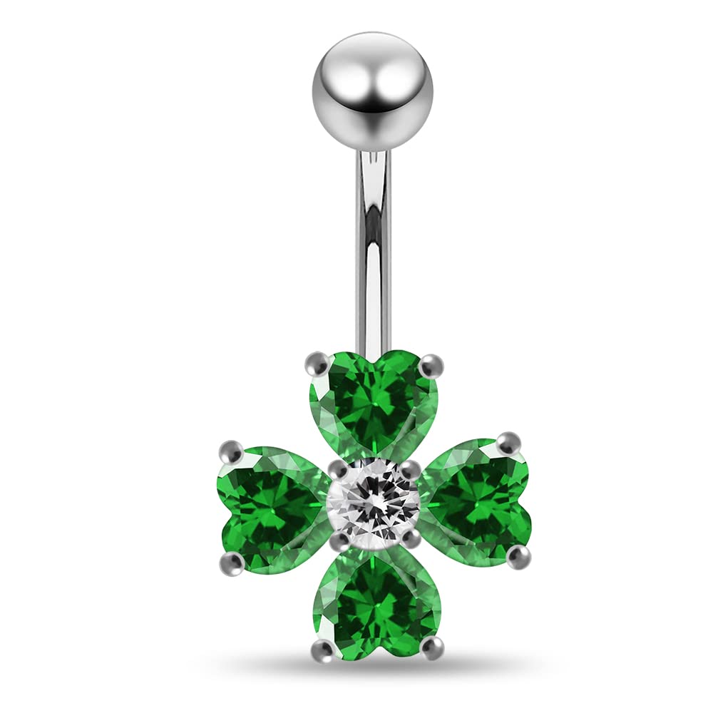 AtoZ Piercing Dark Green Gemstone Fancy Clover Flower 925 Sterling Silver with Stainless Steel Belly Button Rings