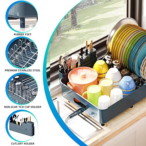 ilvvan Dish Drying Rack with Drainboard Set Length Adjustable(12.8" - 20") Compact Dish Drainer, 1 Piece Gray