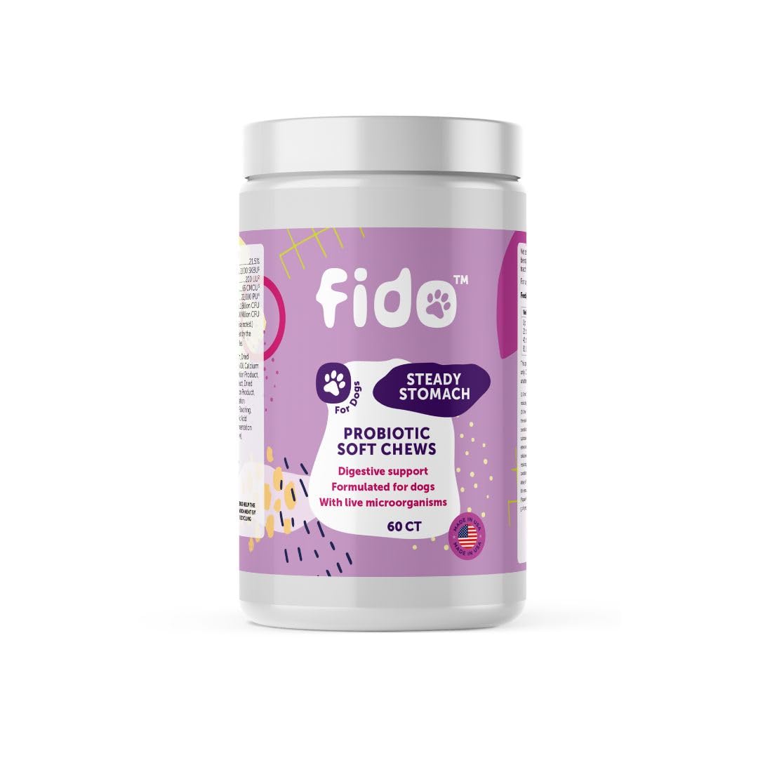 Fido Steady Stomach Probiotic Soft Chews, Chicken Flavor, 60 Chews | Organic Digestive Supplements | Supports Gut Health & Sensitive Stomachs | Veterinarian Approved for All Life Stages