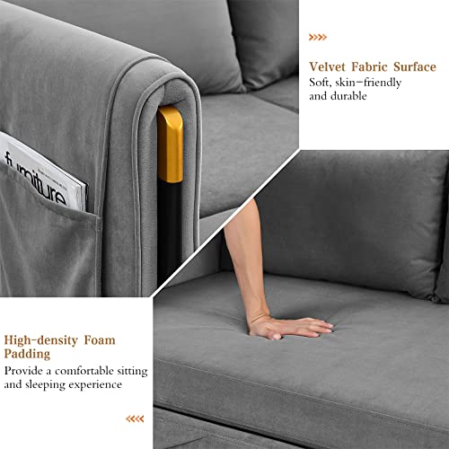 KIVENJAJA Convertible Sleeper Sofa Bed, Modern Velvet Loveseat Couch with Pull Out Bed, Small Love Seat Futon Sofa Bed with Headboard, 2 Pillows & Side Pockets for Living Room, 54β (Grey)