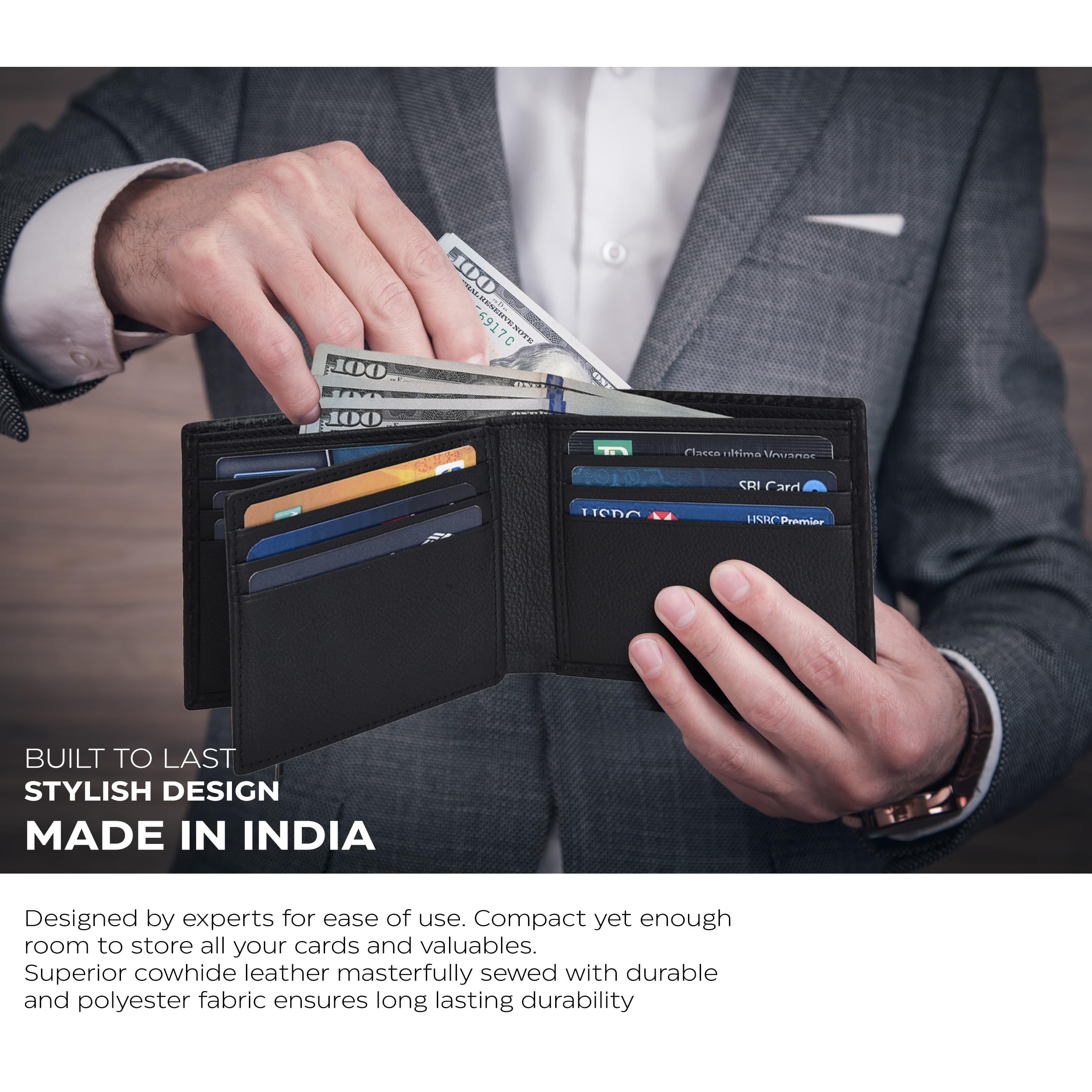 Black Wallet For Men | 9 Credit Card Slots | Bifold | Leather | RFID Wallet Blocking | Gift For Men | Minimalist Wallet