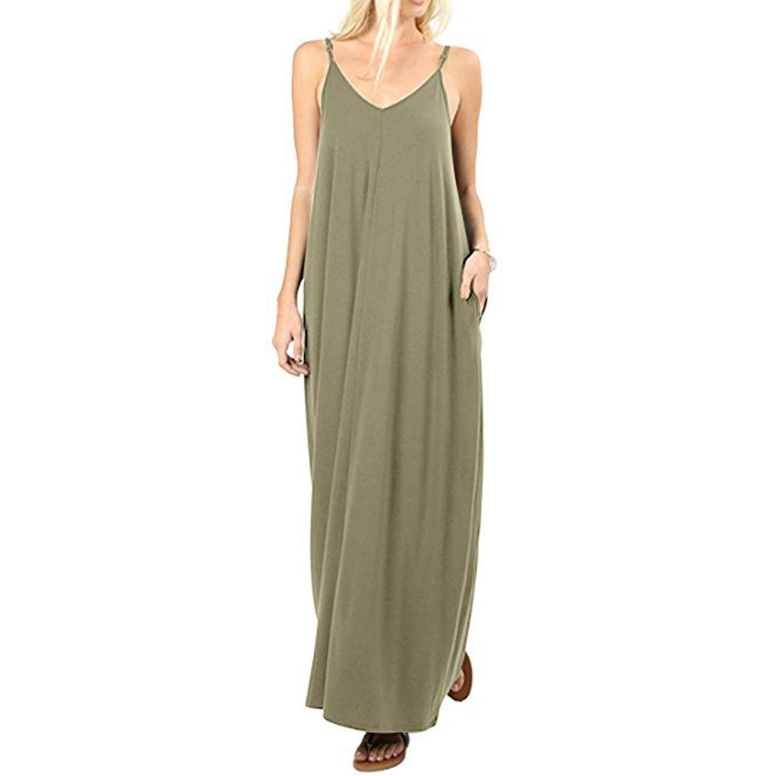 Padaleks Women's Spaghetti Strap V-Neck Full Length Dress Sexy Sleeveless Camisole Beach Party Dresses with Pocket