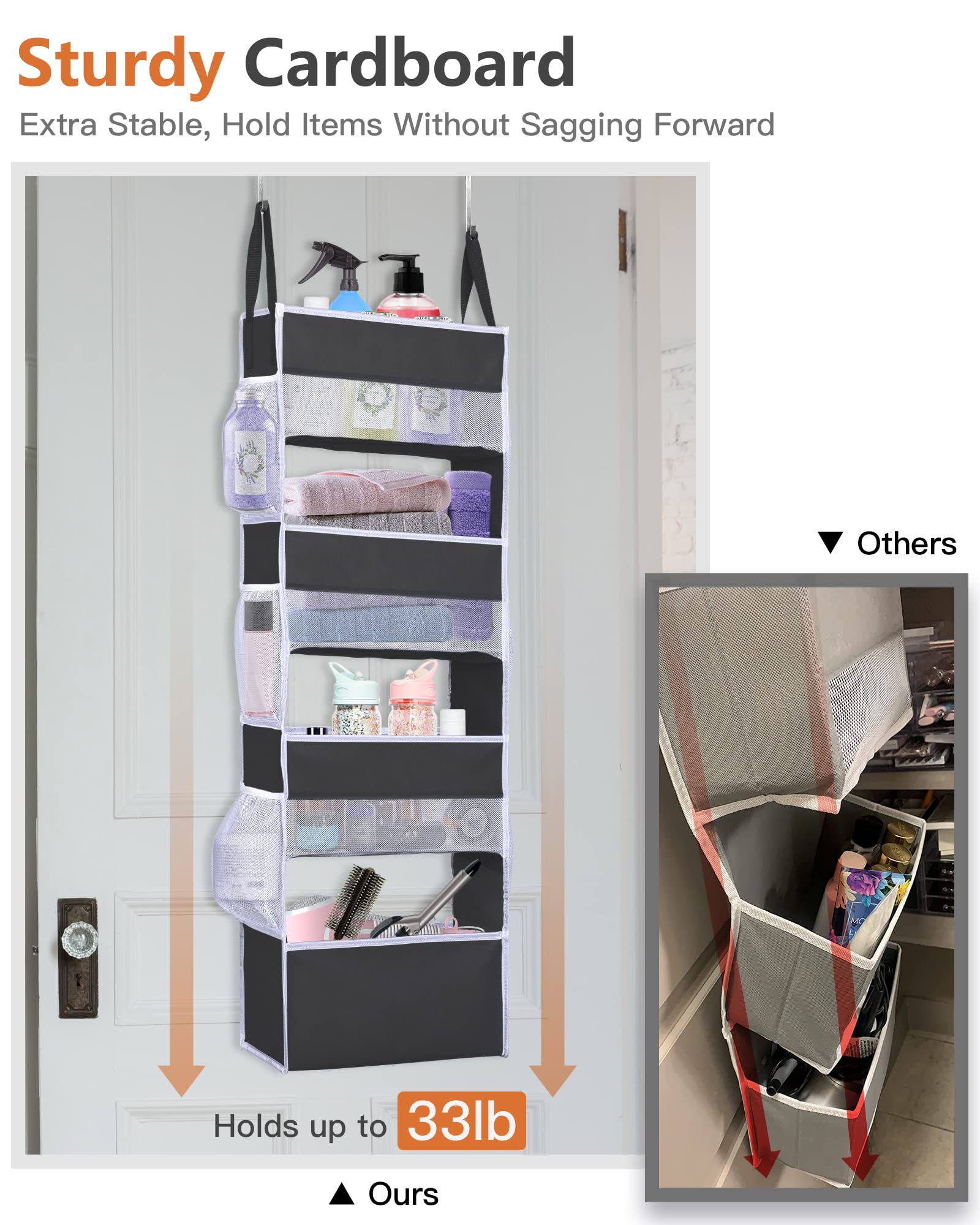 ULG Over Door Organizer with 4 Large Pockets 6 Mesh Side Pockets, 33 lbs Weight Capacity Hanging Storage Organizer with Clear Window for Bedroom Nursery, Baby Kids Toys, Diapers, Dark Grey (1 Pack)