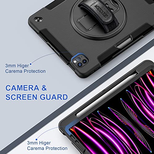 GEEKSDOM iPad Pro 12.9 Case: Military Grade Heavy Duty Shockproof iPad Pro 12.9 case 6th Generation 2022/5th Gen 2021-Pencil Holder-Hand/Shoulder Strap-Rotating Stand-Black