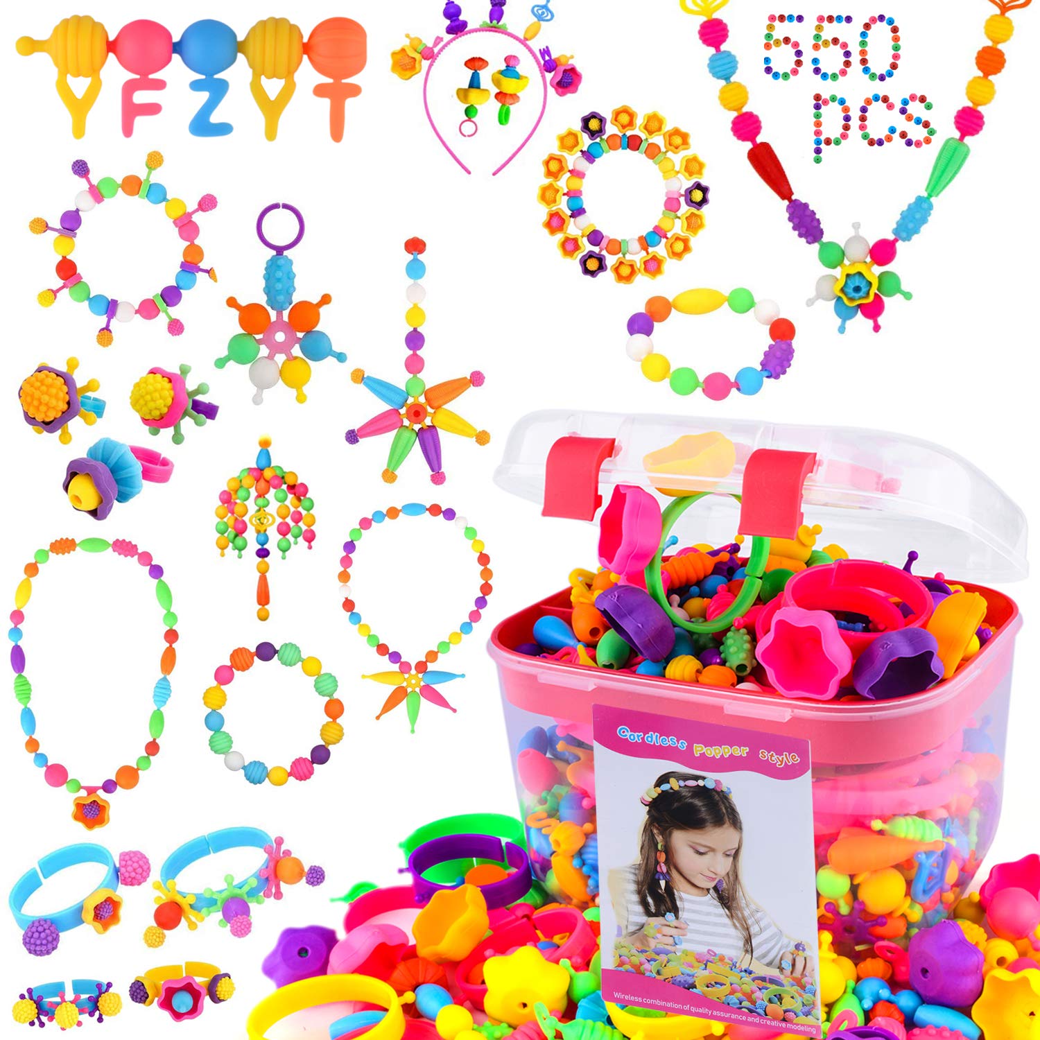 YFZYT Snap Pop Beads for Girls Toys, 550+ Pcs Jewelry Making Kit for Toddlers 3 4 5 6 7 Year Old, Kids Pop Beads Art and Craft Kit DIY Hairband Bracelets Necklaces Rings Toys Birthday Christmas Gifts