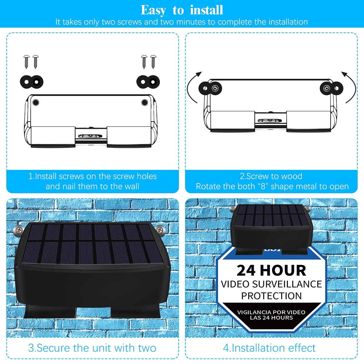 OOSSXX Solar Power Deck LED Light Clip-On Yard Security Sign Spotlight (Large Capacity Battery, Max14 Hours Working)