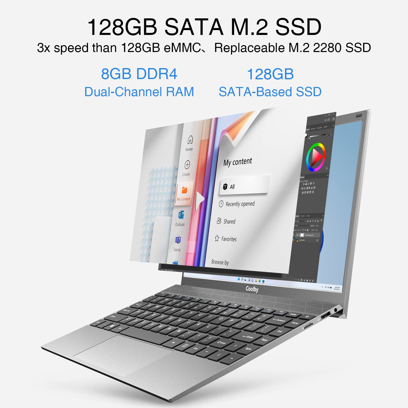 Coolby Windows 11 Laptop, 8GB DDR4 RAM / 128GB SSD Laptop Computer with Intel Celeron J4005, 14.1" FHD 1920X1080 IPS Display, Support 2.4G/5G Hz WiFi, BT, Long-Lasting Battery