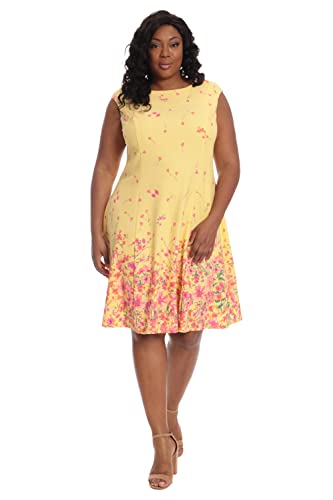 London Times Women's Floral Border Cap Sleeve Fit & Flare Dress, Yellow/Spiced Coral, 4