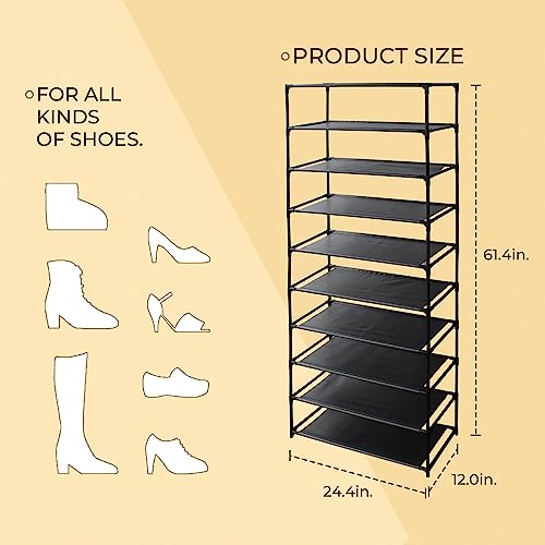 LFGUD 10 Tiers Shoe Rack, Simple Houseware 10-Tier Shoe Rack Storage Organizer 30-Pair, Easy Assembled Shoe Tower Stand, Sturdy Shoe Stand, Non-Woven Fabric Shoe Shelf Organizer Closet for Home, Black