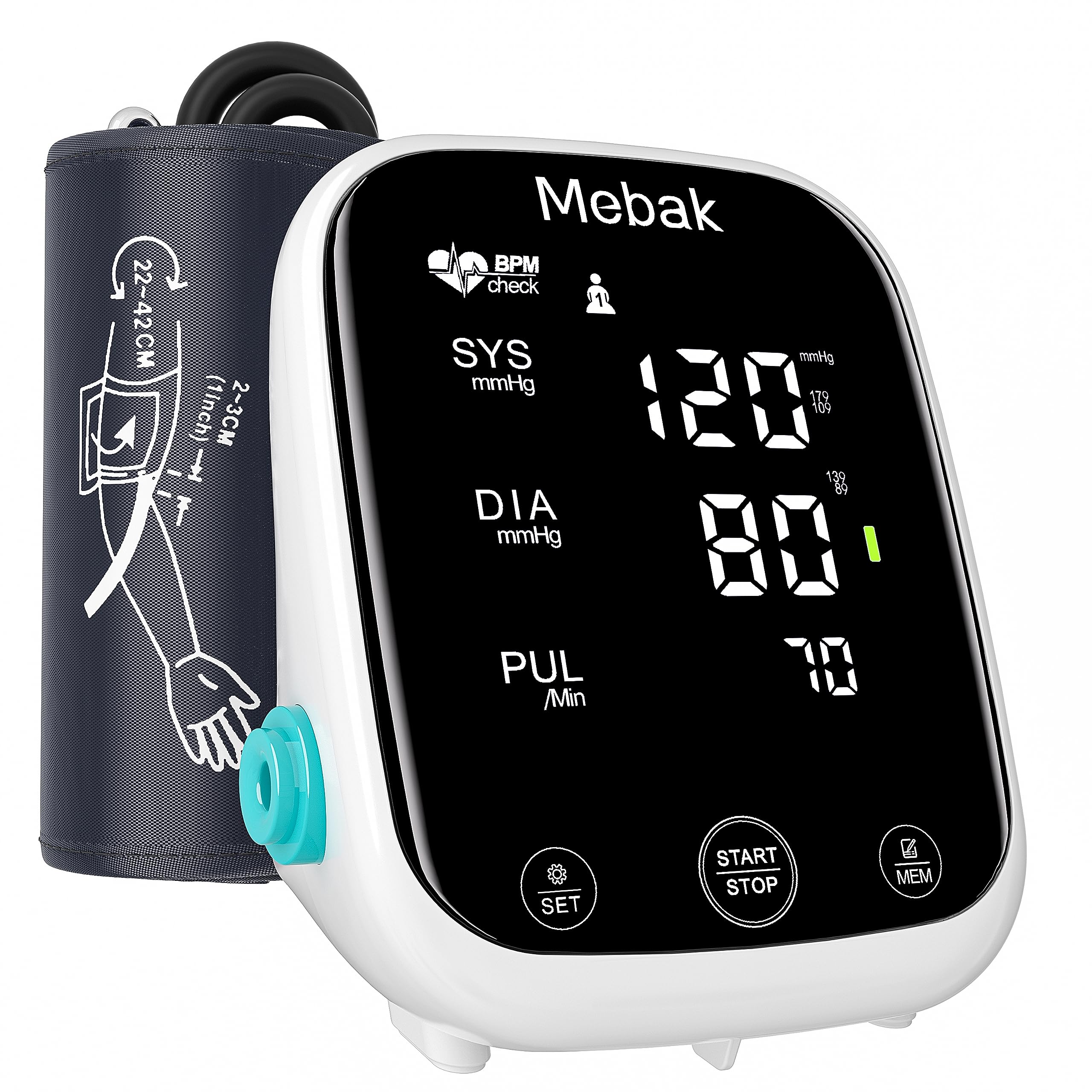 Blood Pressure Monitor Upper Arm, Mebak Automatic Digital BP Machine Cuffs for Home Use, Pulse Rate Monitoring with Large Display, 2x120 Memory